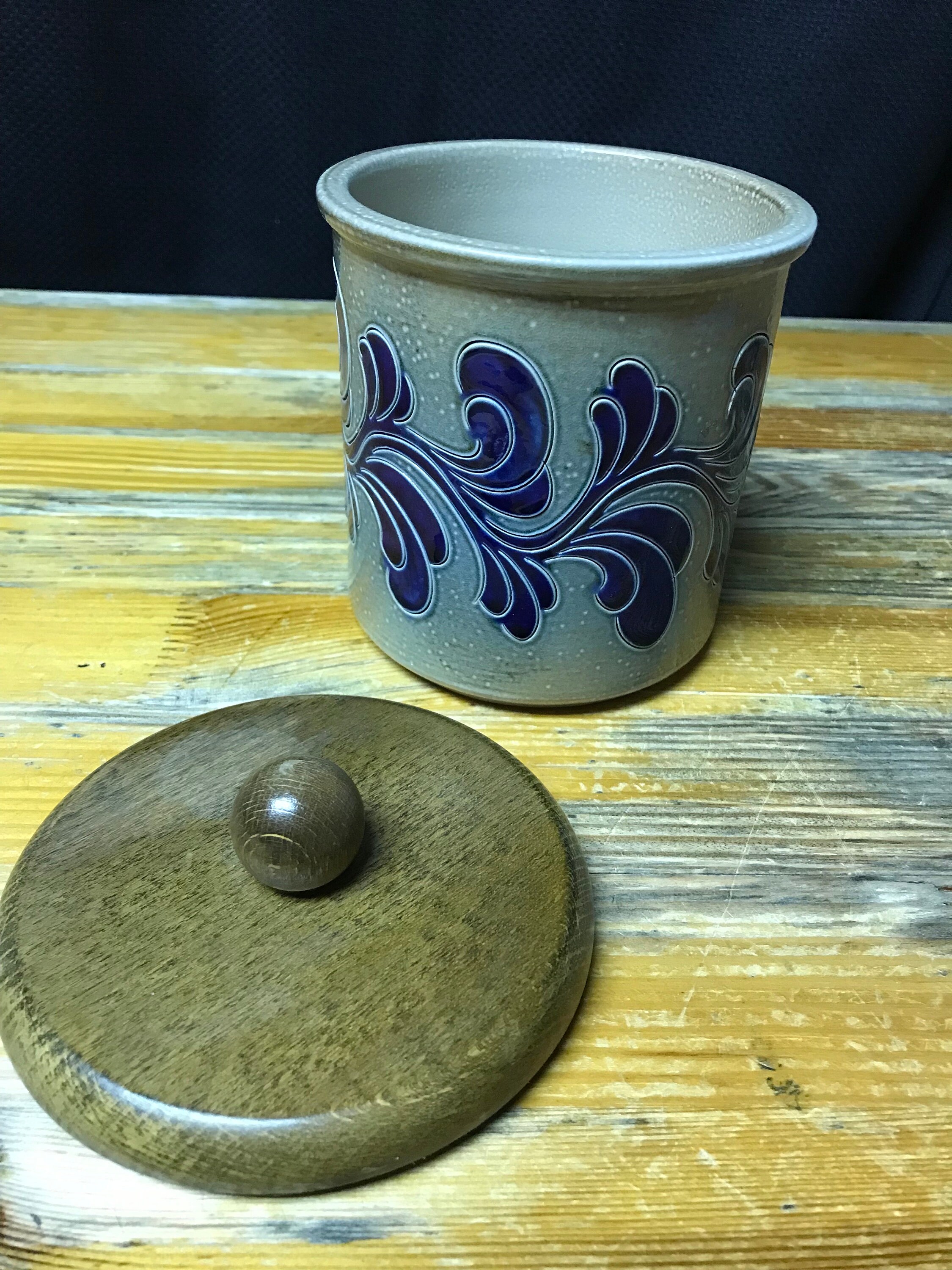 Vtg German Handarbeit Pottery Grey & Cobalt Blue With Wooden Lid - Etsy
