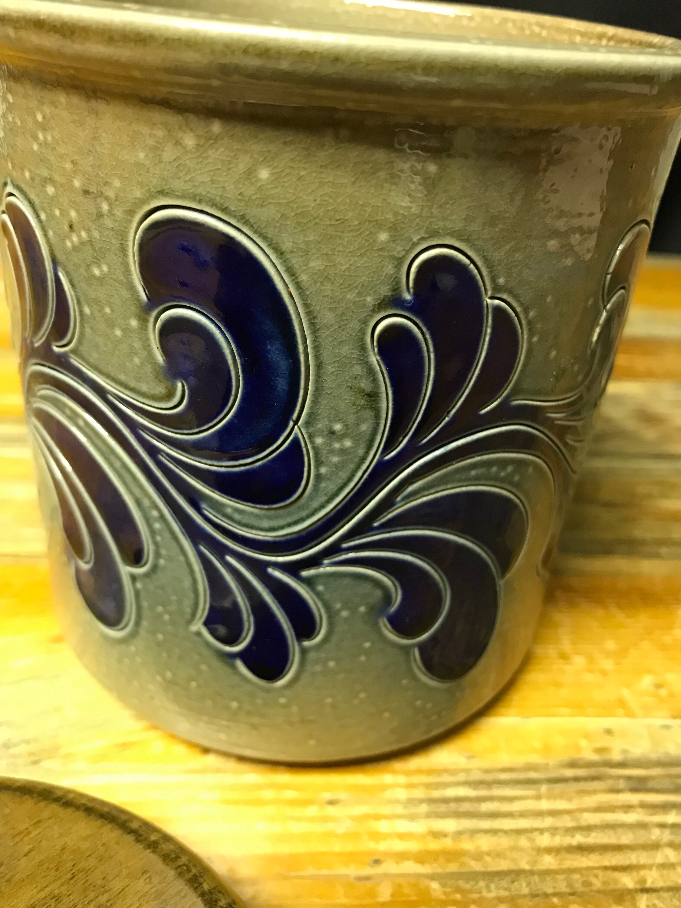 Vtg German Handarbeit Pottery Grey & Cobalt Blue With Wooden Lid - Etsy