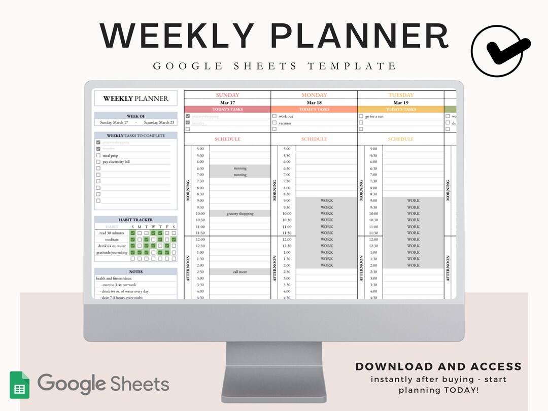 Google Sheets Weekly Hourly Planner EDITABLE Planner Template, To-do ...
