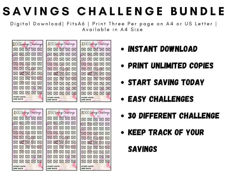 Savings Challenge Printable Cash Budget Challenges A6 - Etsy