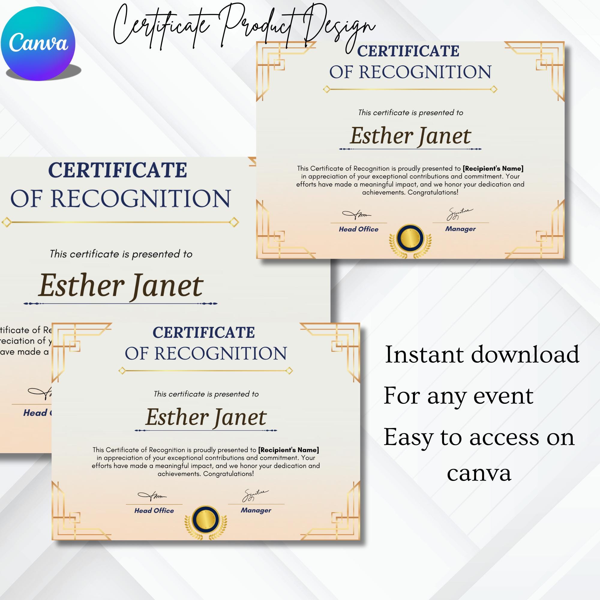 Award Certificate | Editable Award | Canva Template | Recognition Award ...
