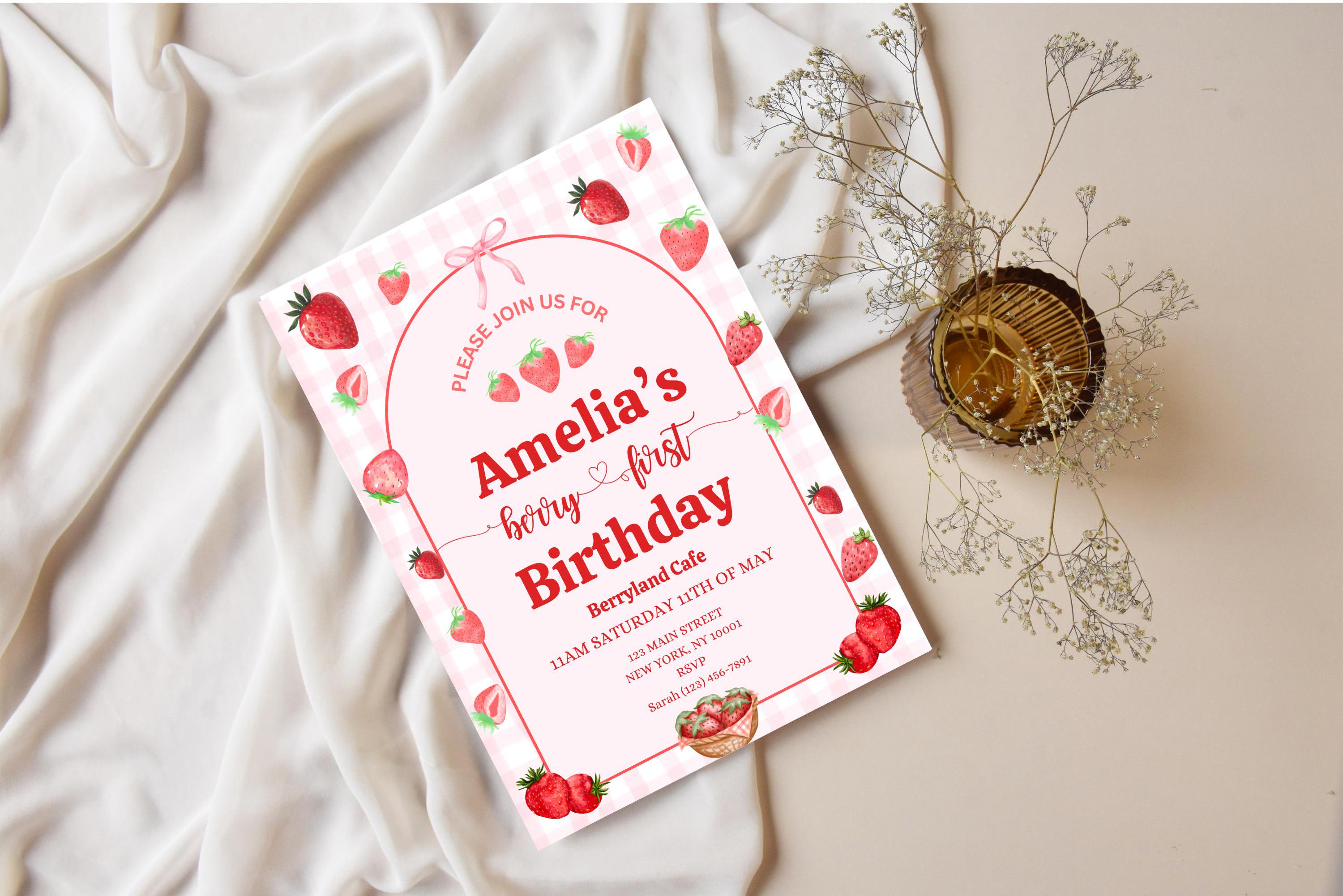 Editable Berry First Birthday Invitation: Strawberry Theme (5x7 Inch ...