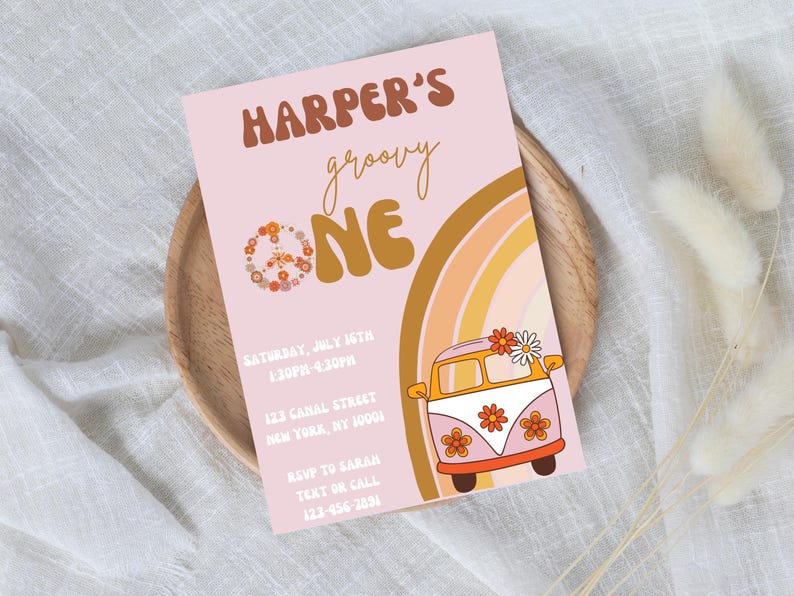 Editable Groovy One Birthday Invitation: Retro Girl 1st Birthday ...