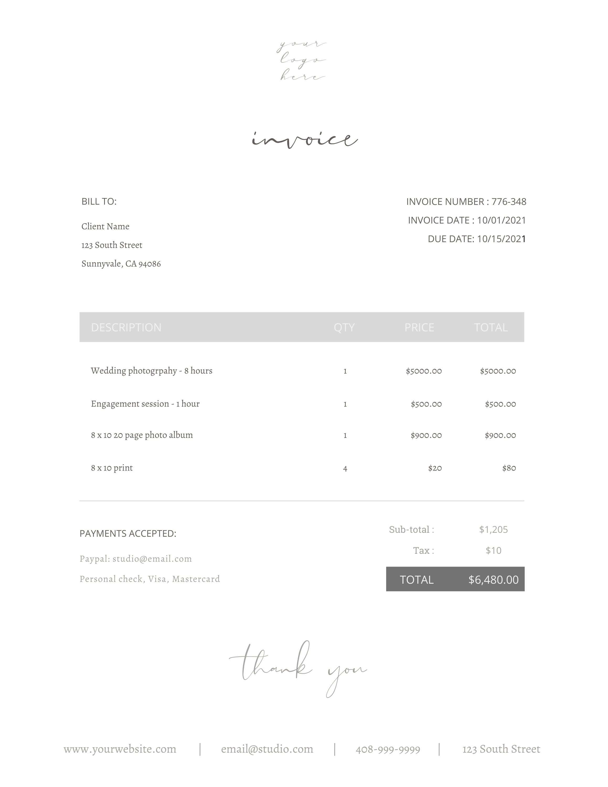 Photography Invoice Template - Customizable Invoice Template Receipt ...