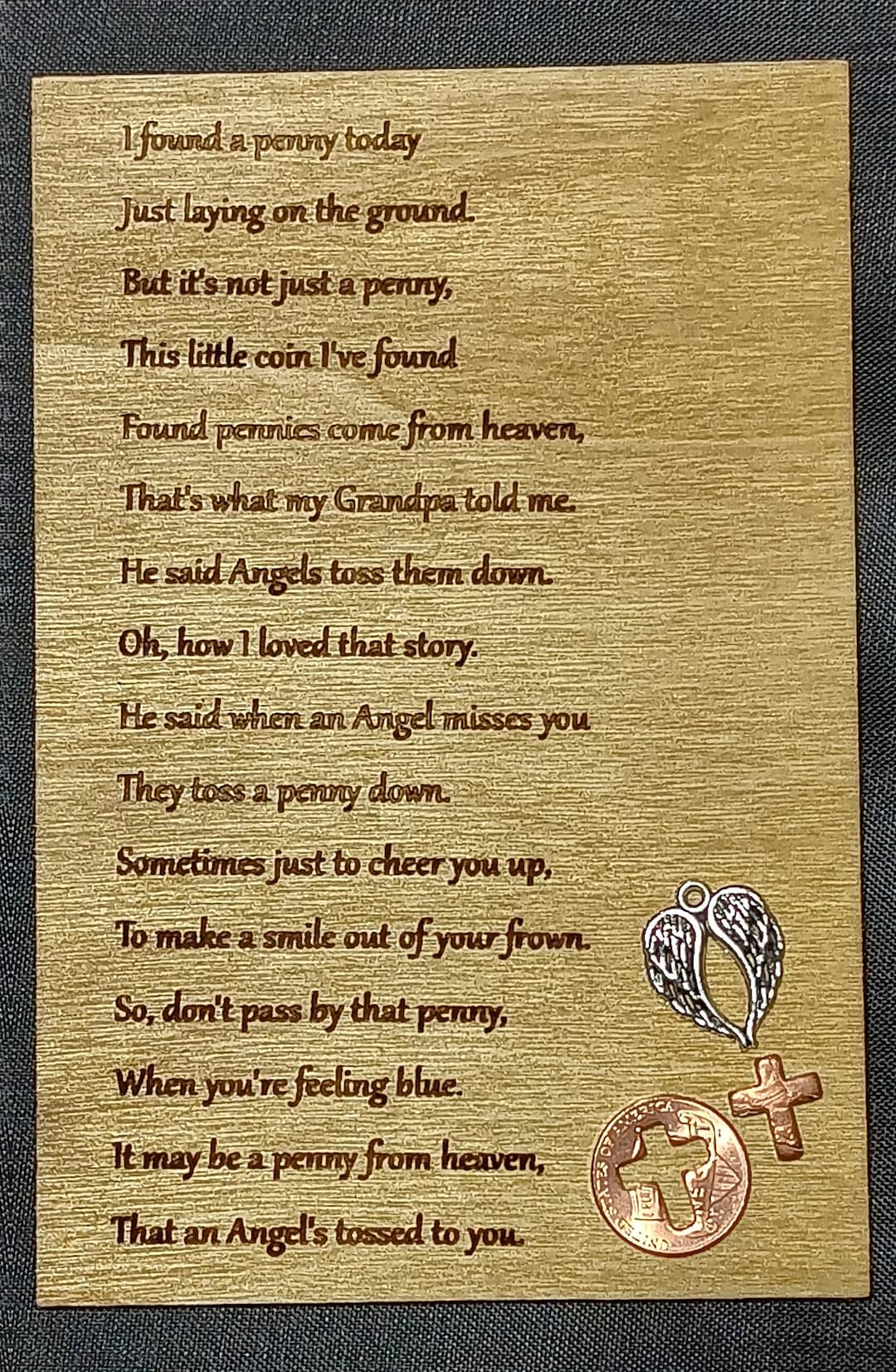 Pennies From Heaven Wood Burned Poem With Cross Cut Penny and Angel ...