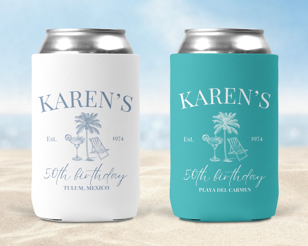 Custom 50th Beach Birthday Koozies, Personalized 50th Can Cooler ...
