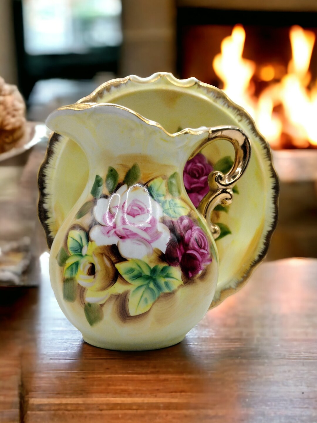 Hand Painted Pitcher and Bowl With Yellow Red Pink Roses. Made in Japan ...