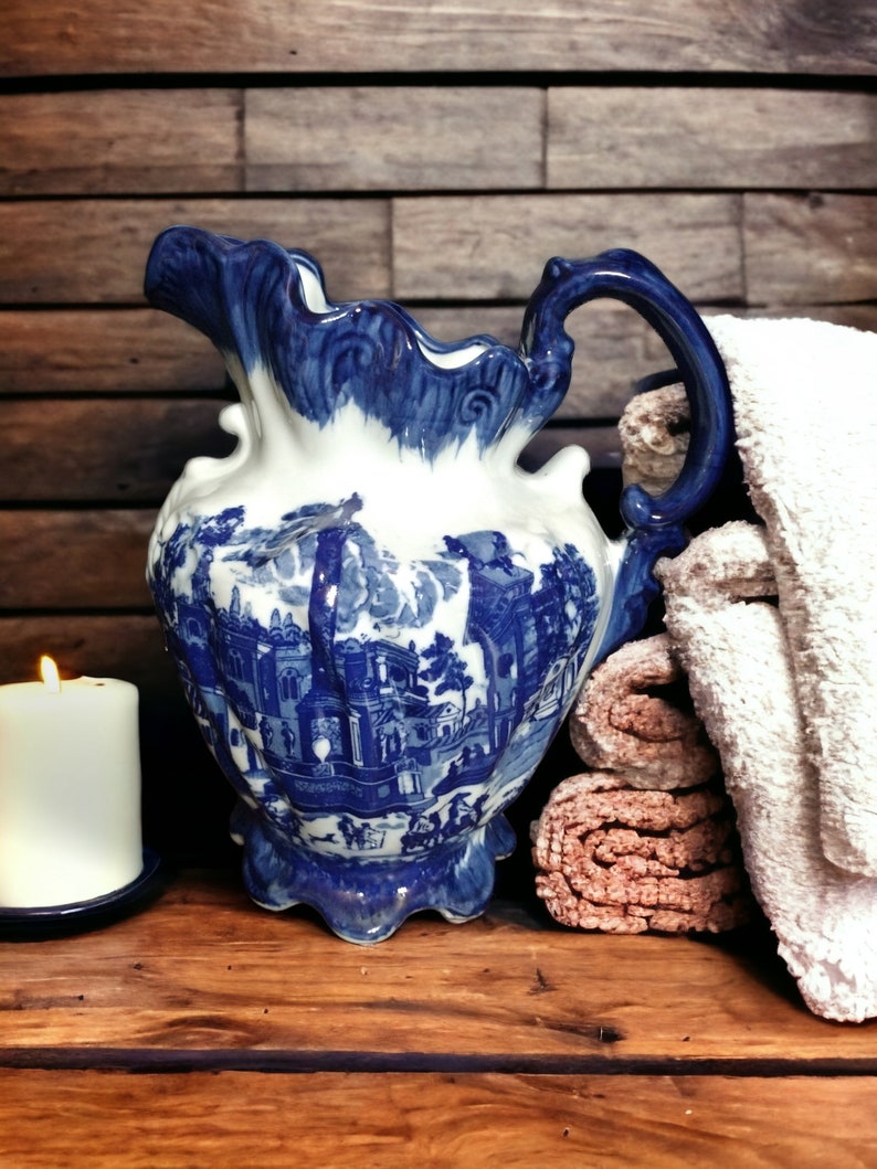 Victoria Ware Vintage Ironstone Pitcher and Basin in a Flow Blue Design ...