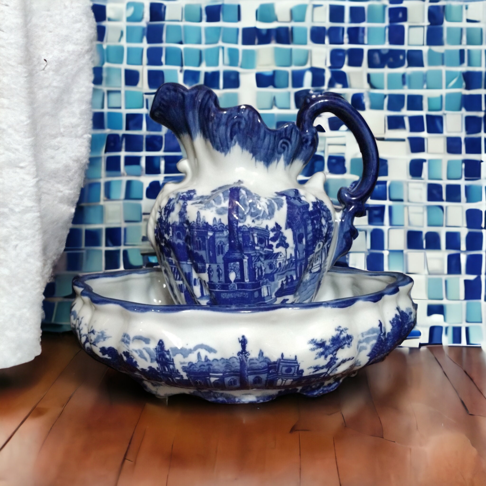 Victoria Ware Vintage Ironstone Pitcher and Basin in a Flow Blue Design ...