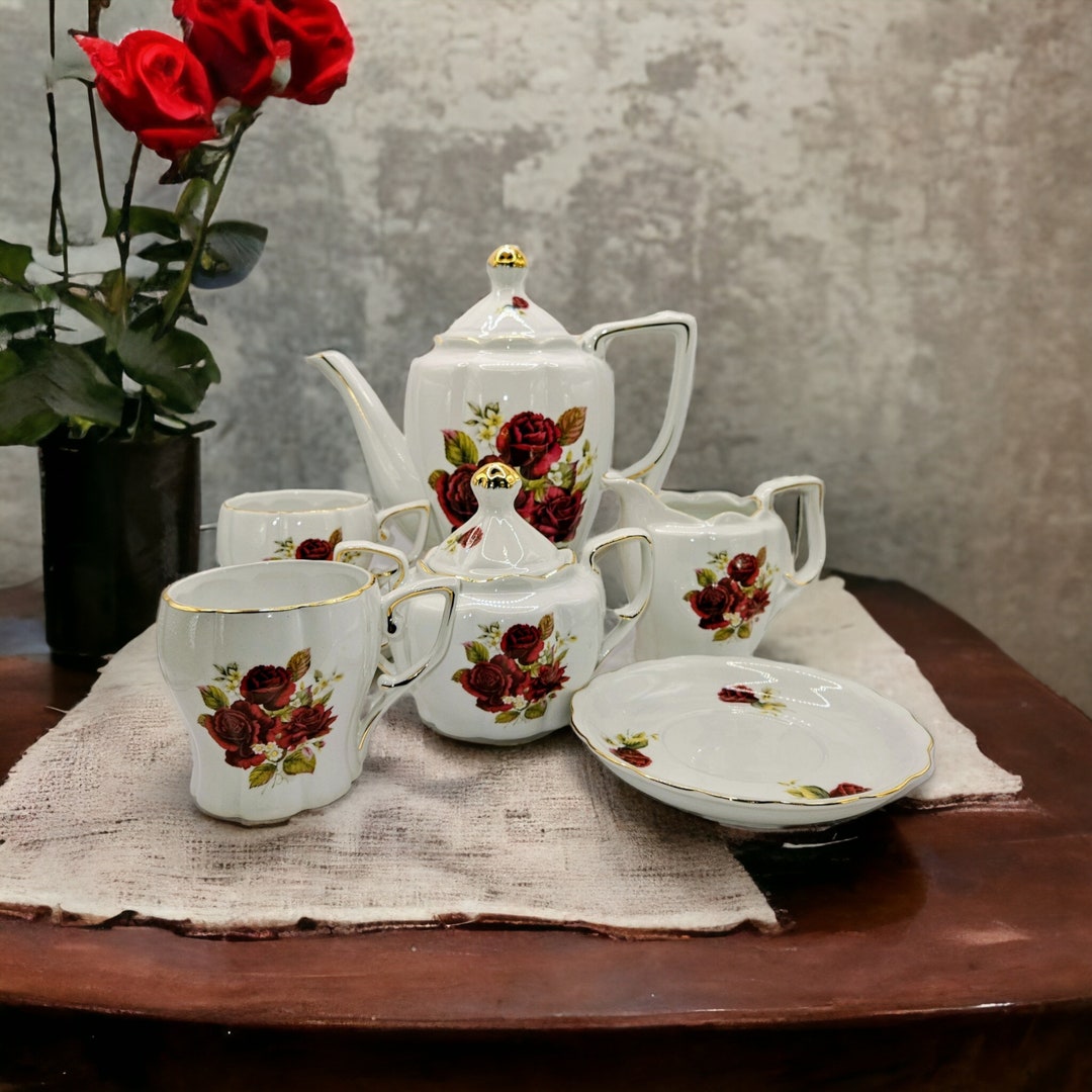 Roses Tea Service. Garnet Roses. Nine-piece. Afternoon Tea Set. Vintage ...