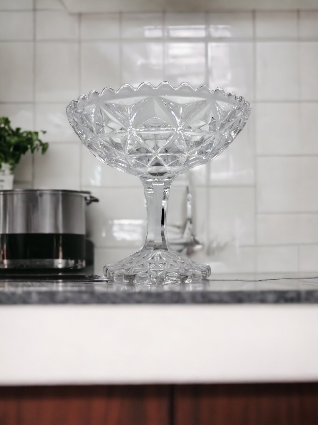 Pressed Glass Vintage Pedestal Candy Dish. Sawtooth Pattern. Floral Cut ...