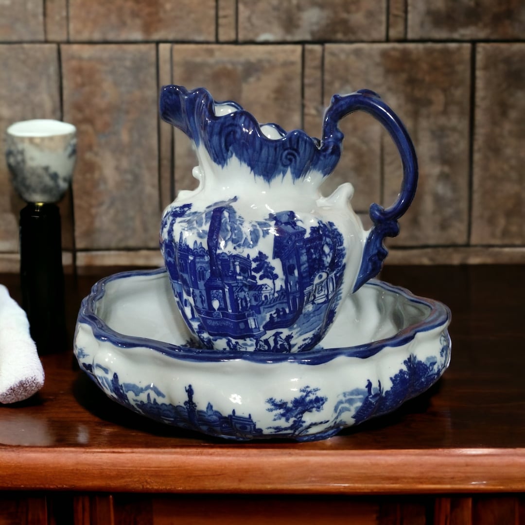 Victoria Ware Vintage Ironstone Pitcher and Basin in a Flow Blue Design ...