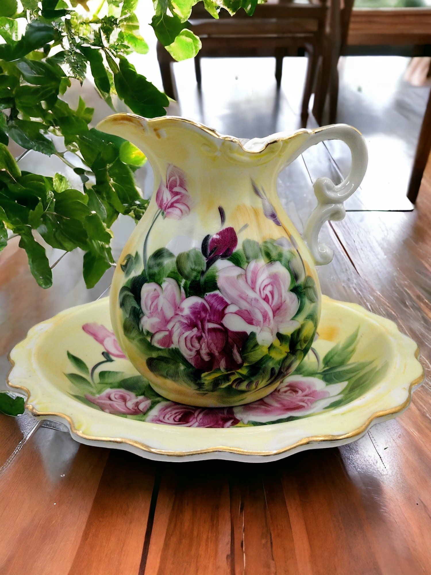Vintage Lefton Fine China Pitcher and Bowl With Hand Painted Pink Roses ...