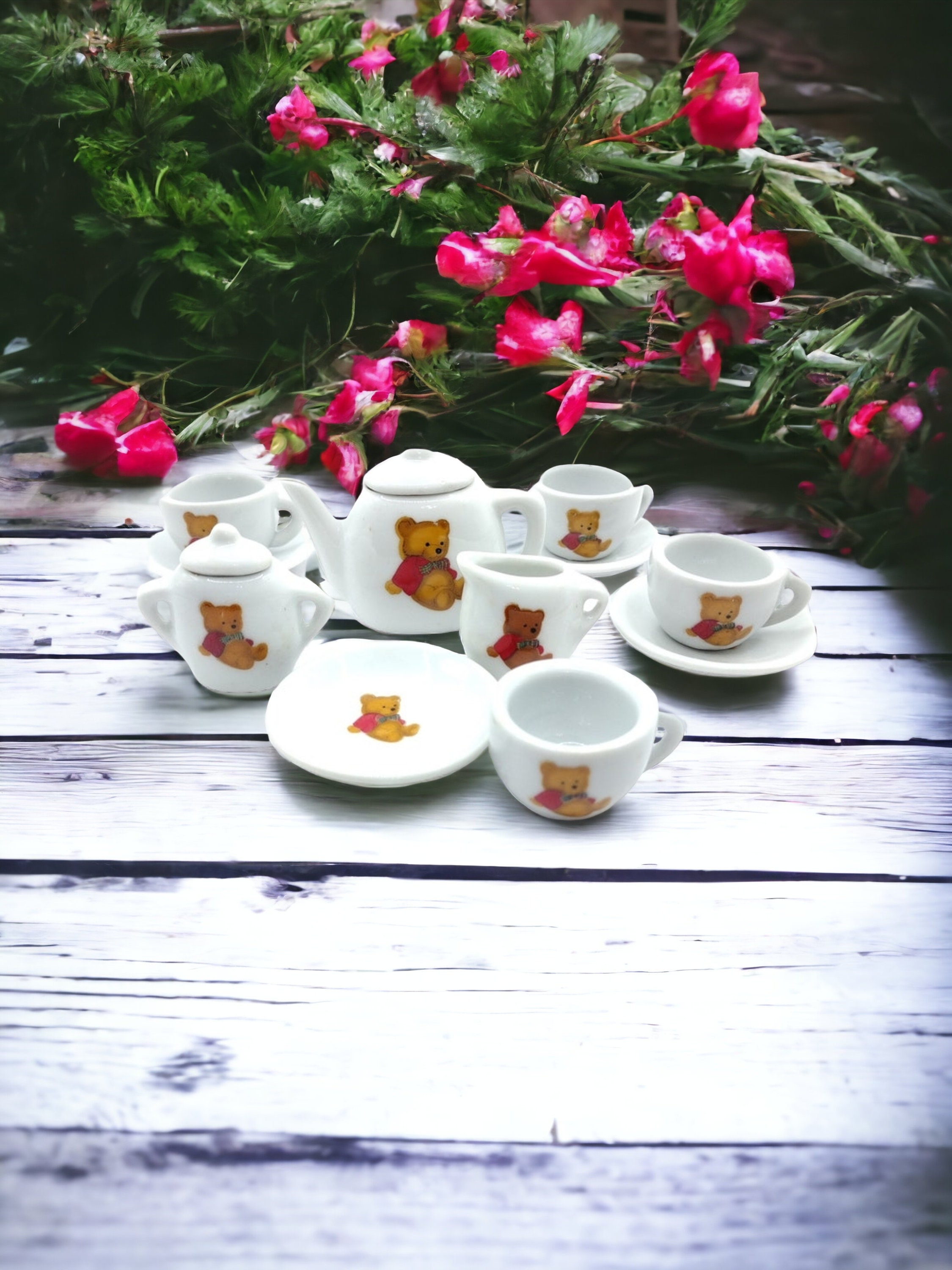 Dollhouse Miniature Vintage Teddy Bear Tea Set. Garden Party Tea Party ...