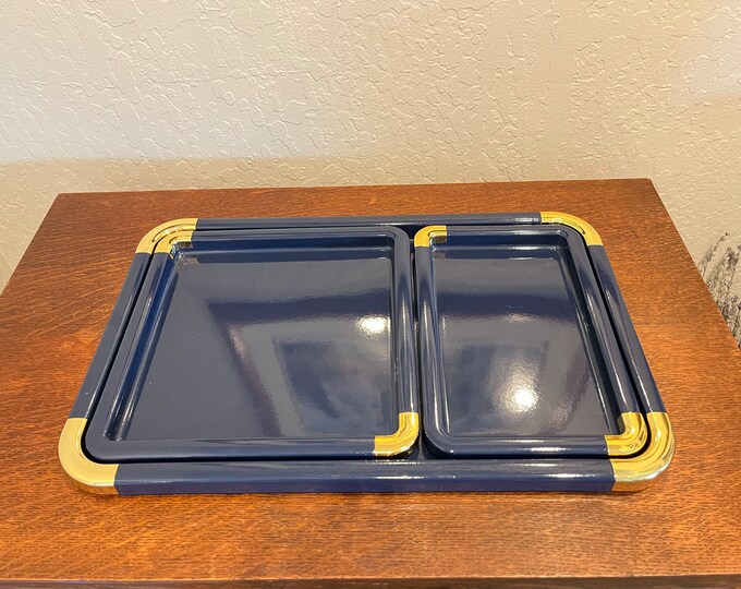 Vintage Japanese Navy Blue and Gold Lacquer Ware Set of 3 Nesting Trays ...