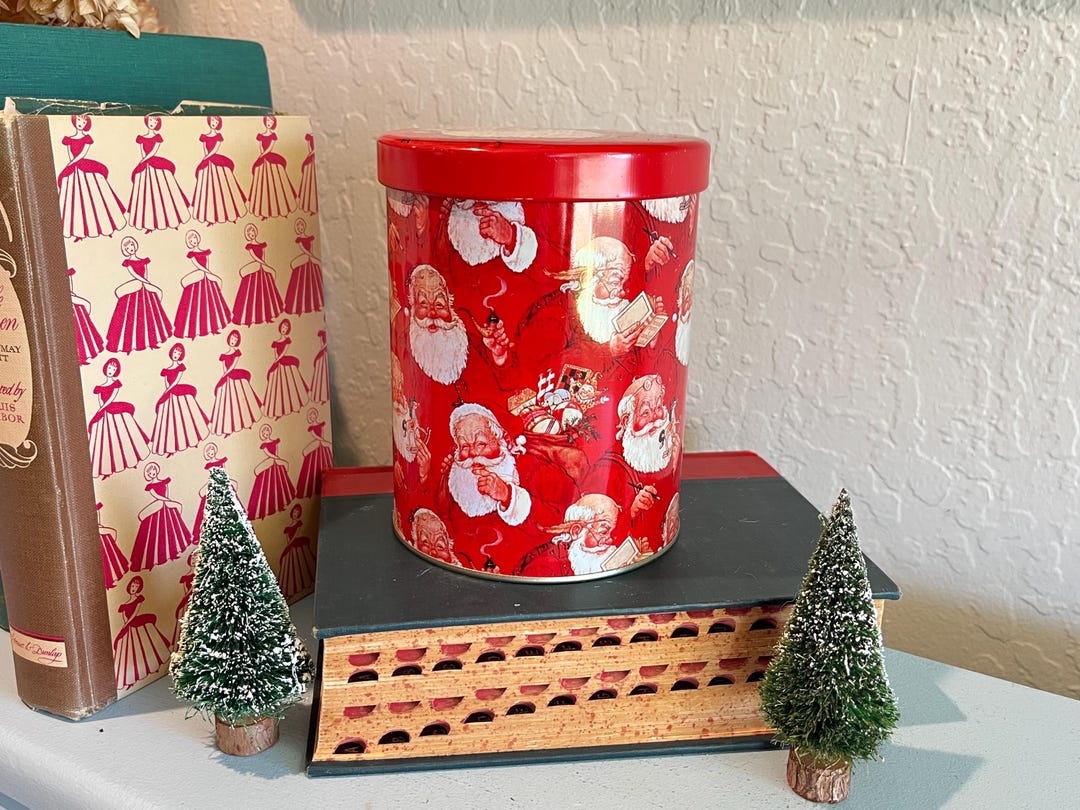 Vintage Red Santa Claus Cylinder Tin Cookie Box - Crafts and Gift ...