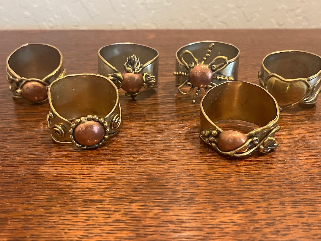 Vintage Handcrafted Artisan Mixed Metal Copper Napkin Rings - Set of 6 ...