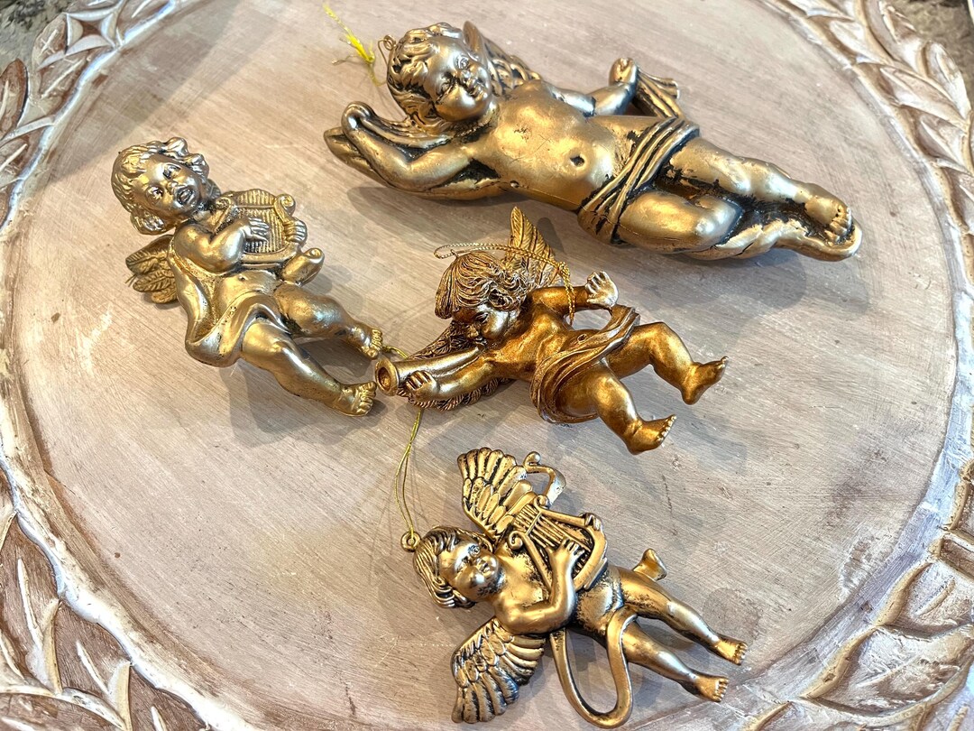 Vintage Cherub Angel Instrument Playing Gold Christmas Ornaments - Set ...