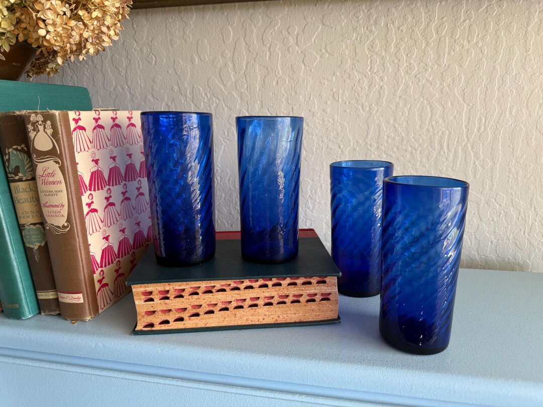 Vintage Hand Blown Glass Cobalt Blue Swirl Tumbler Drinking Glasses ...