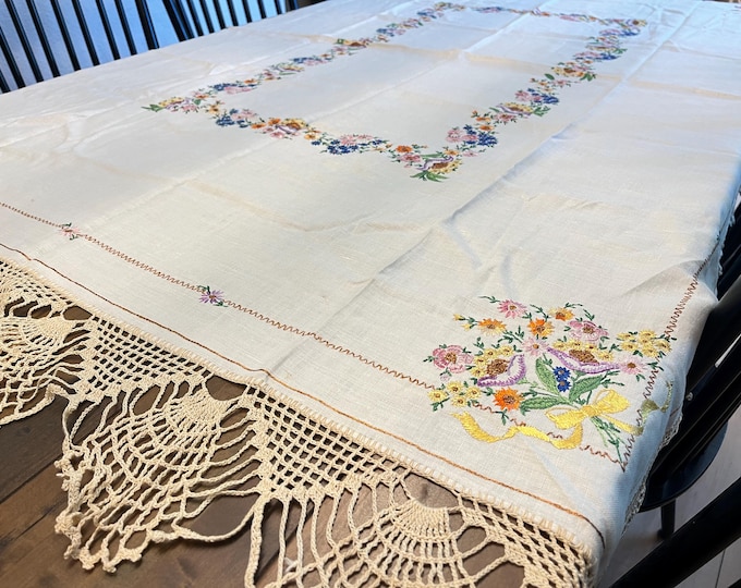 Vintage Hand Embroidered Floral Linen Lace Tablecloth - 62 X 80 - Etsy
