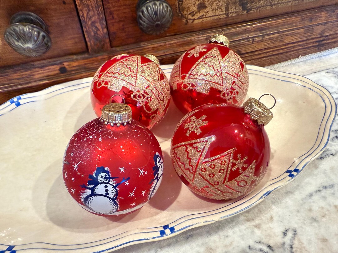 Vintage Rauch Red Glass Round Ball Christmas Tree Ornaments With Gold ...