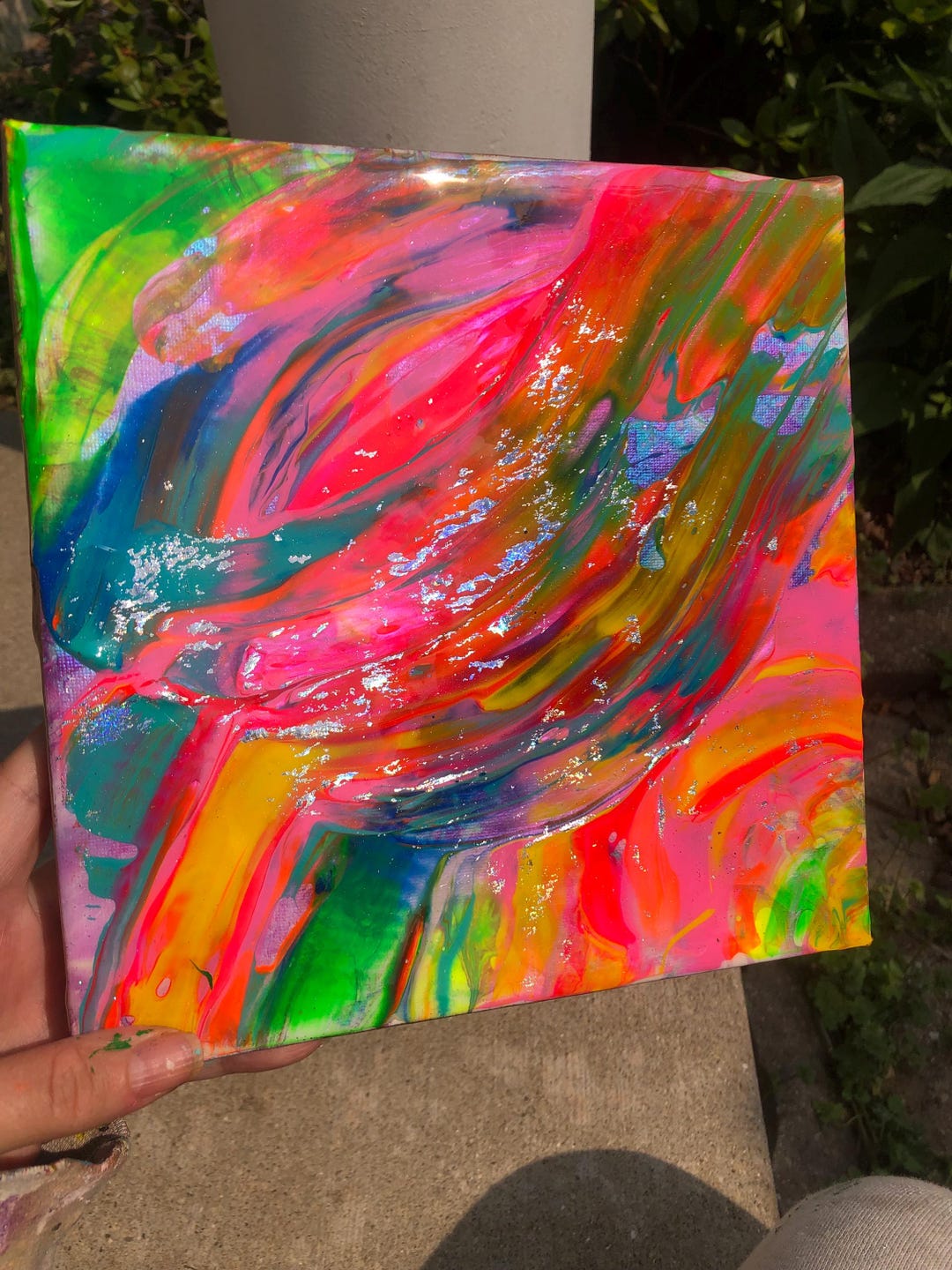 Prismatic Rush – 8x8” Resin Abstract Canvas | Neon Rainbow Wall Art ...