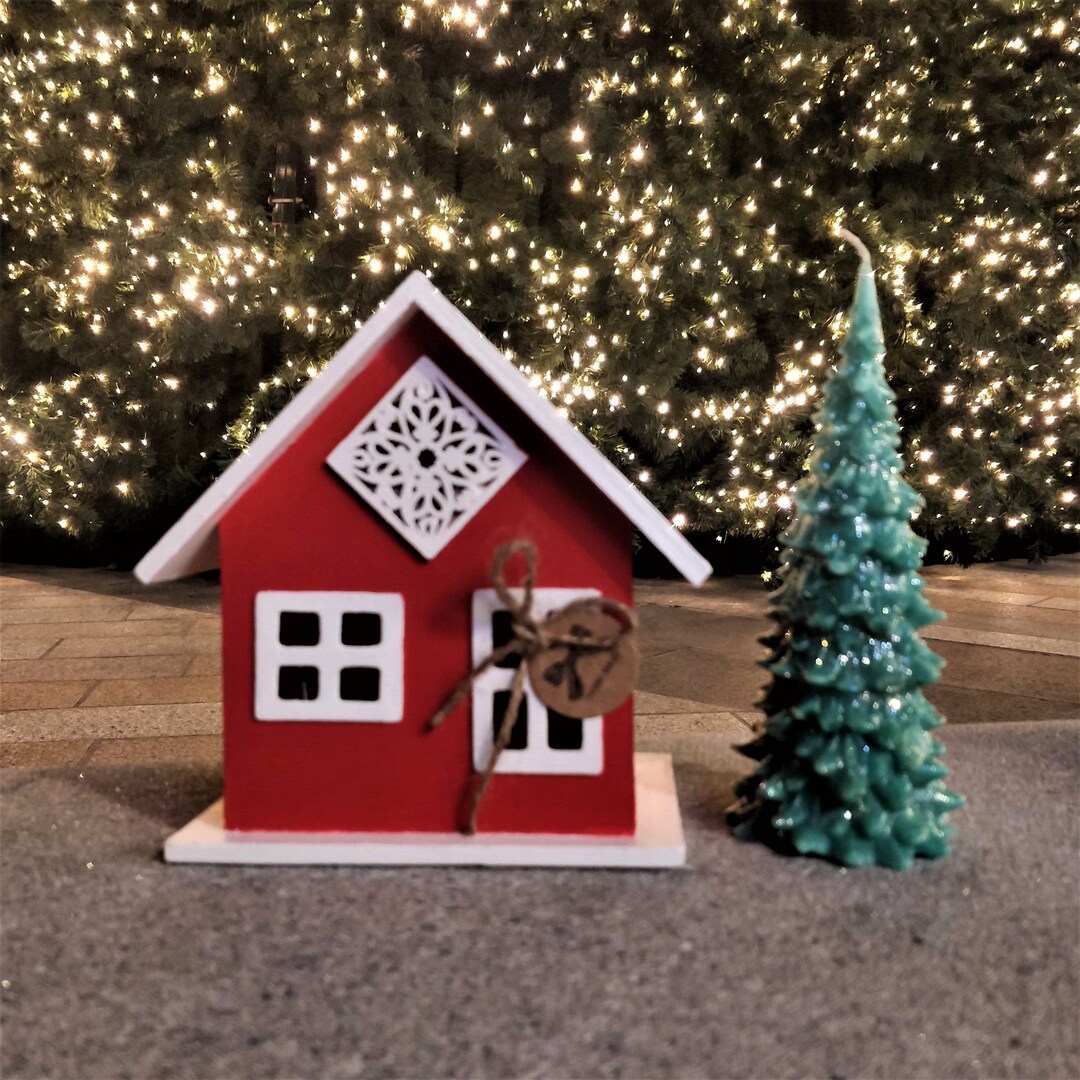 Handmade Red Christmas House With LED Lights & Tree Candle - Etsy