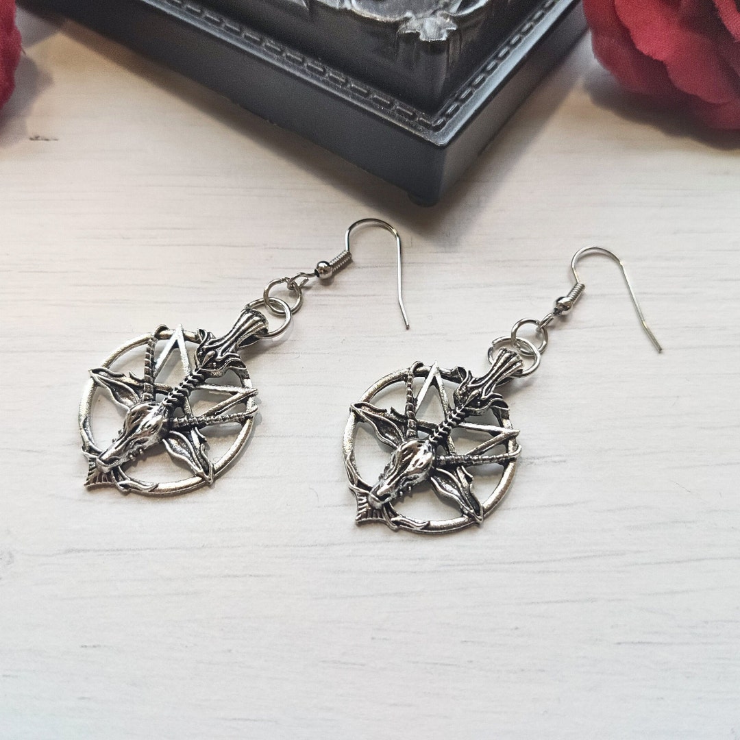 Gothic Pentagram Satan Sigil Earrings in Silver, Gothic Jewelry, Goat ...