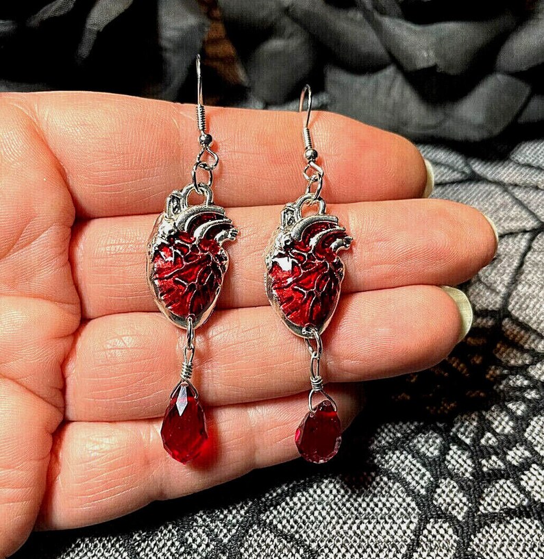 Gothic Heart Anatomy Earrings With a Red Crystal Gothic - Etsy