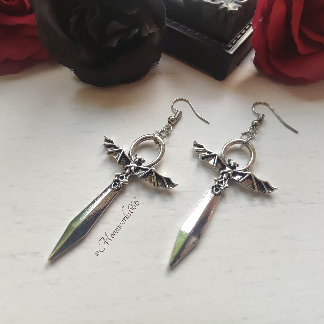 Gothic Dagger Earrings With a Bat, Gothic Jewelry - Etsy