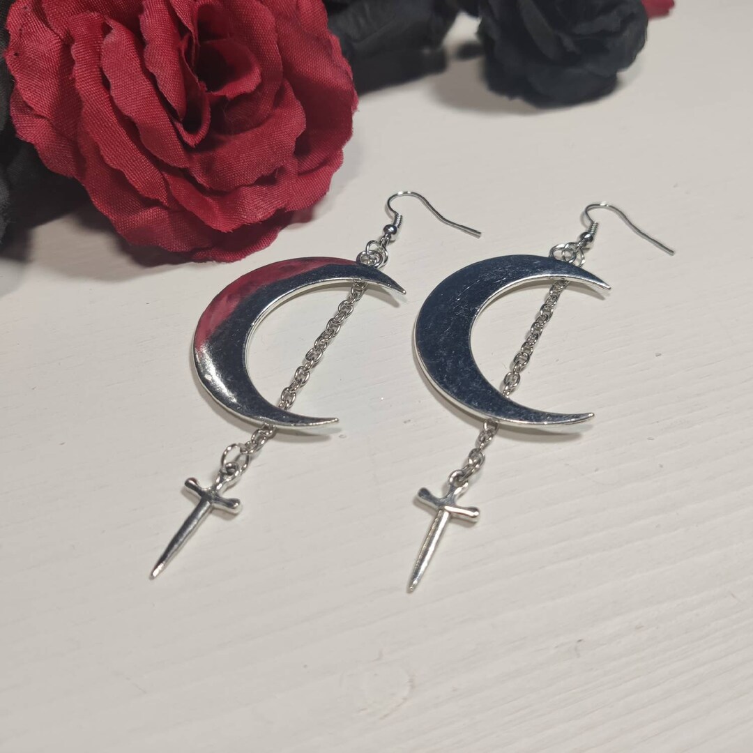 Gothic Sickle Moon Earrings With Dagger, Gothic Jewelry - Etsy
