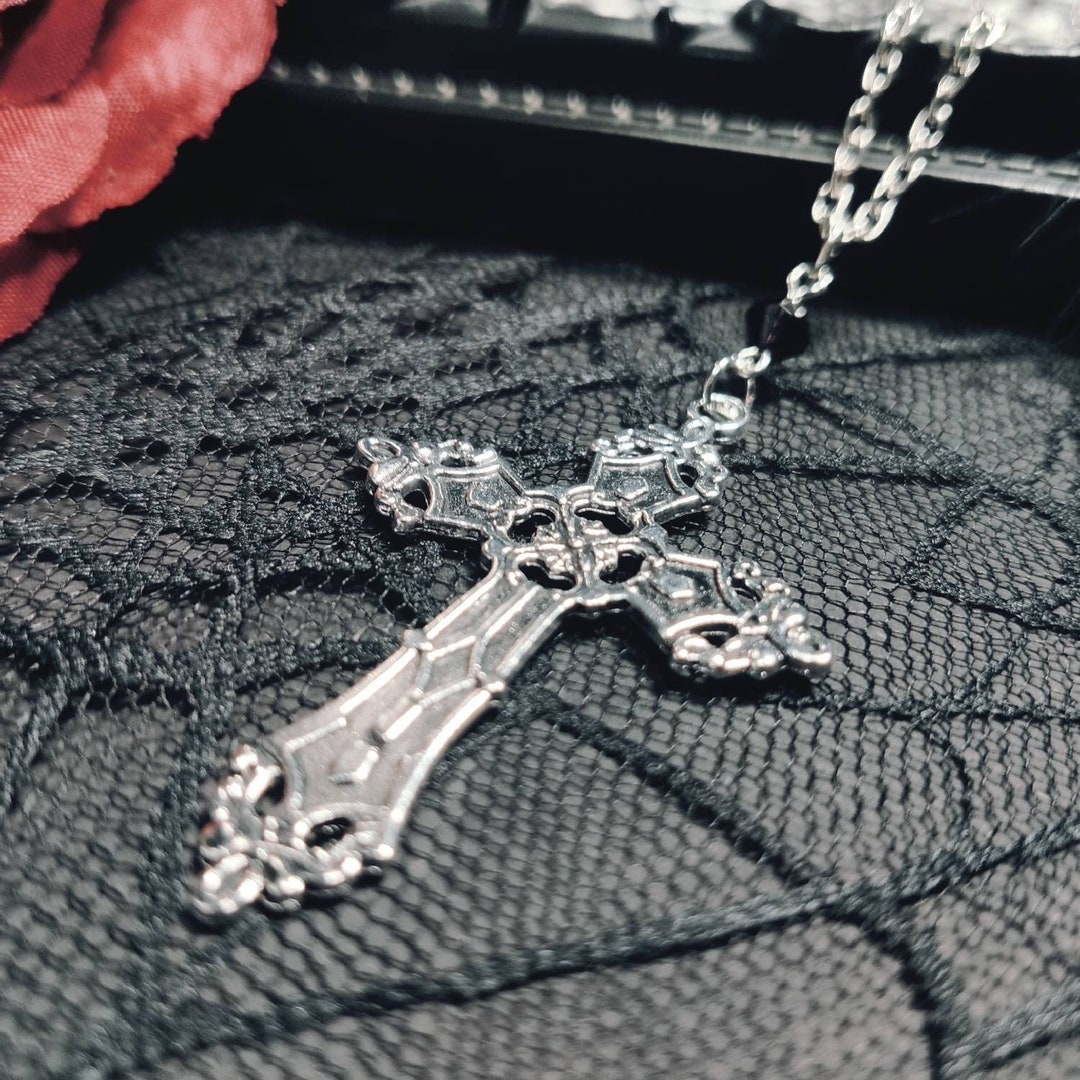 Gothic Cross Necklace With a Black Pearl, Gothic Jewelry - Etsy