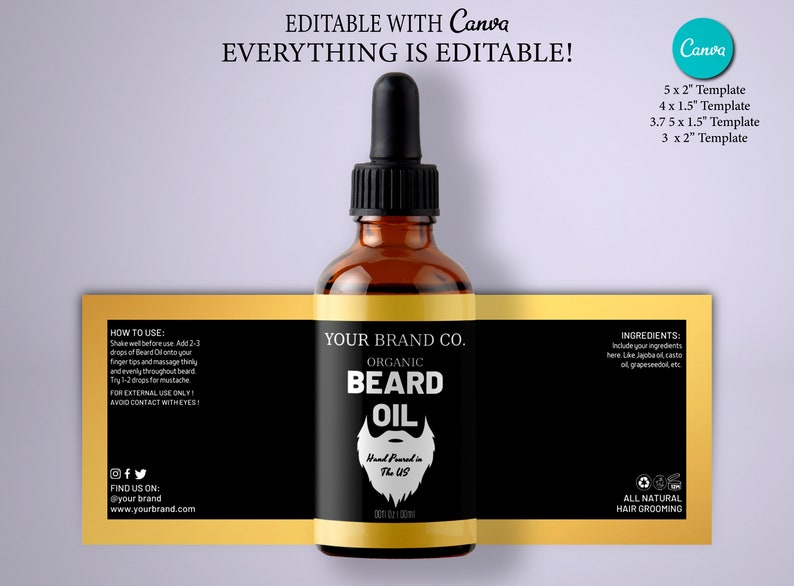 Beard Oil Label Template Essential Oil Label Editable Gold | Etsy