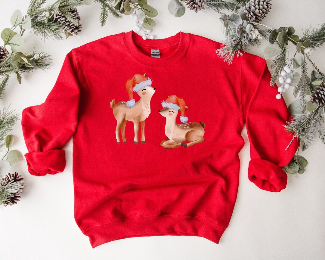 Retro Cute Reindeer Sweater With Santa Hats Festive Christmas - Etsy
