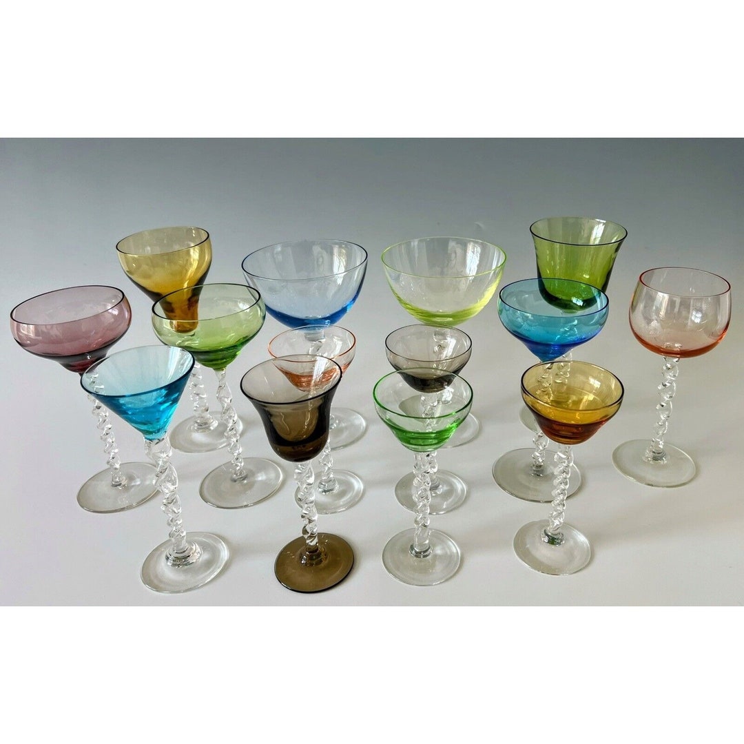 Lot Of 14 Vintage Crystal Twisted Stem Colored Wine Cordial Etsy