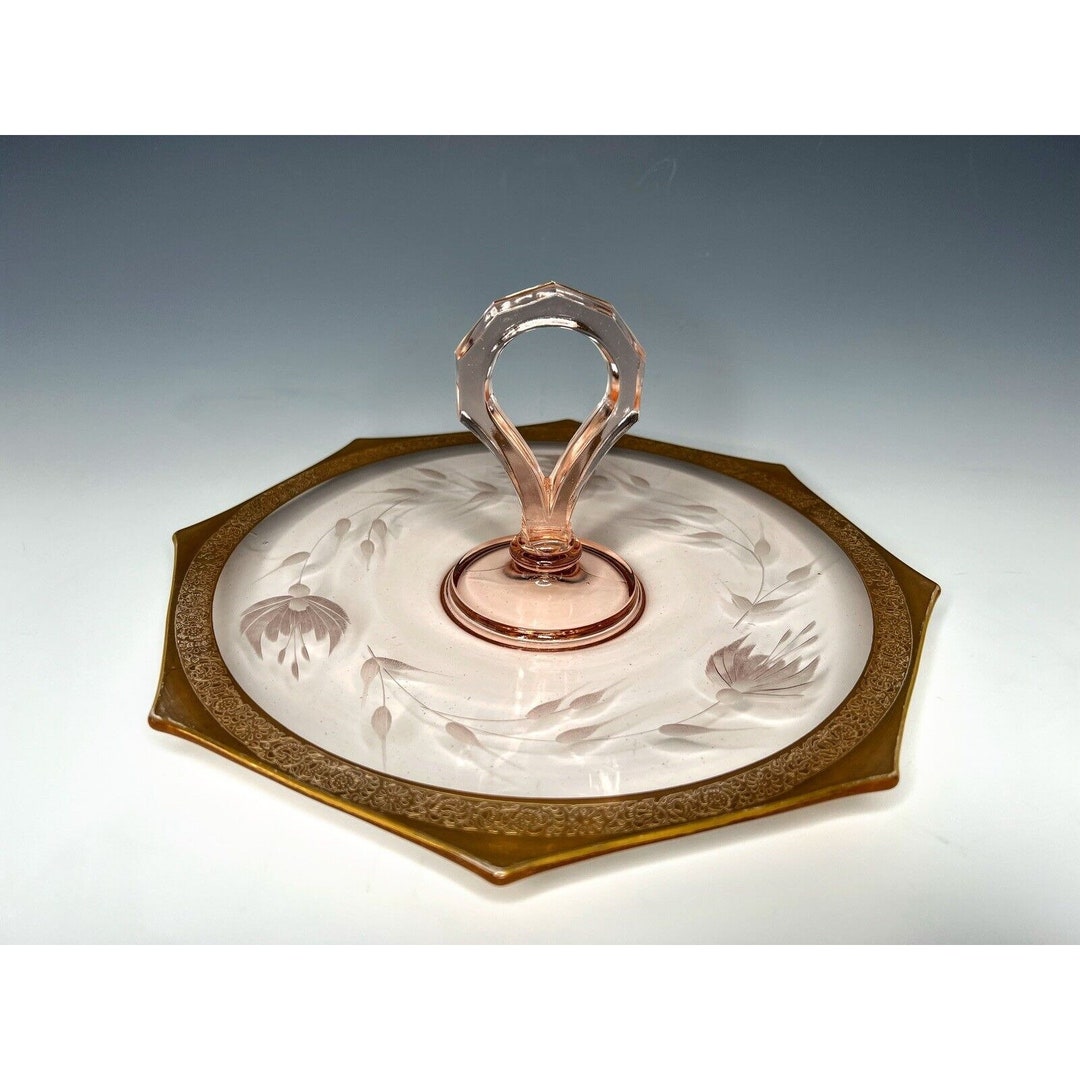 Tiffin-franciscan Pink Gold Octagon Depression Glass Tidbit Tray Handle ...