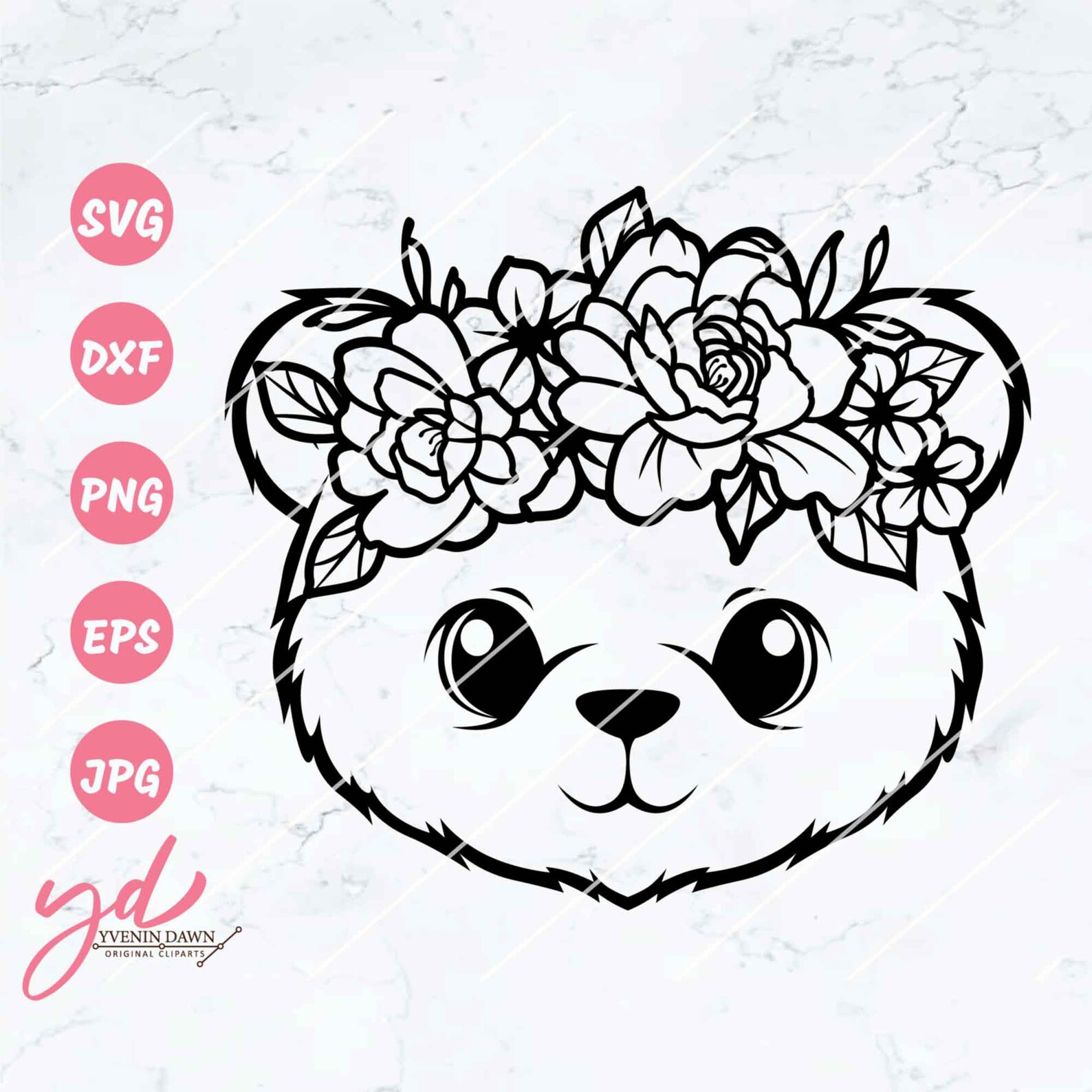 Floral Bear Svg | Bear Svg | Cute Bear Face Svg | Bear With Flowers Svg ...