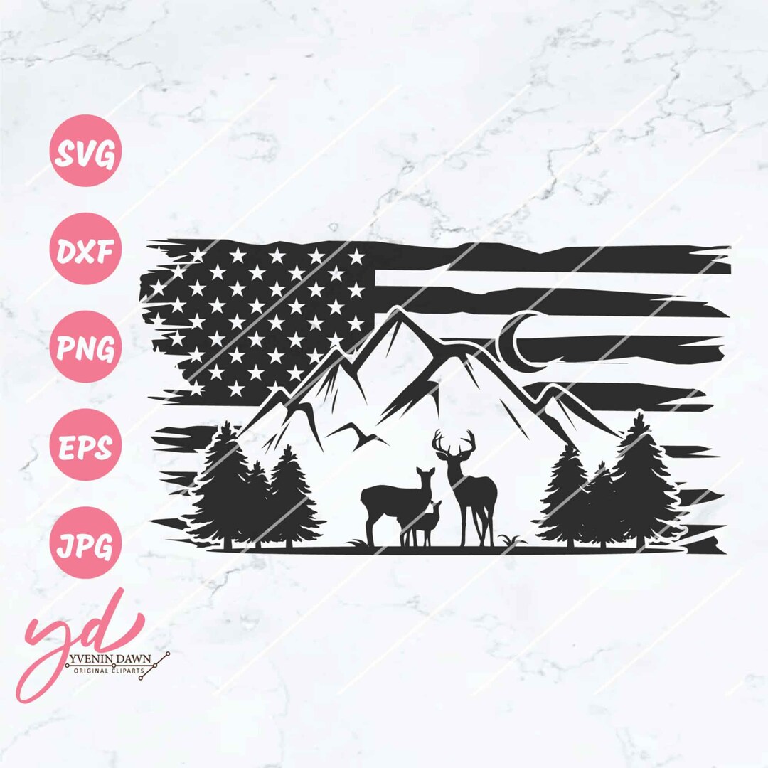 US Flag Deer Scene SVG PNG: Mountain Forest Digital Art (digital ...