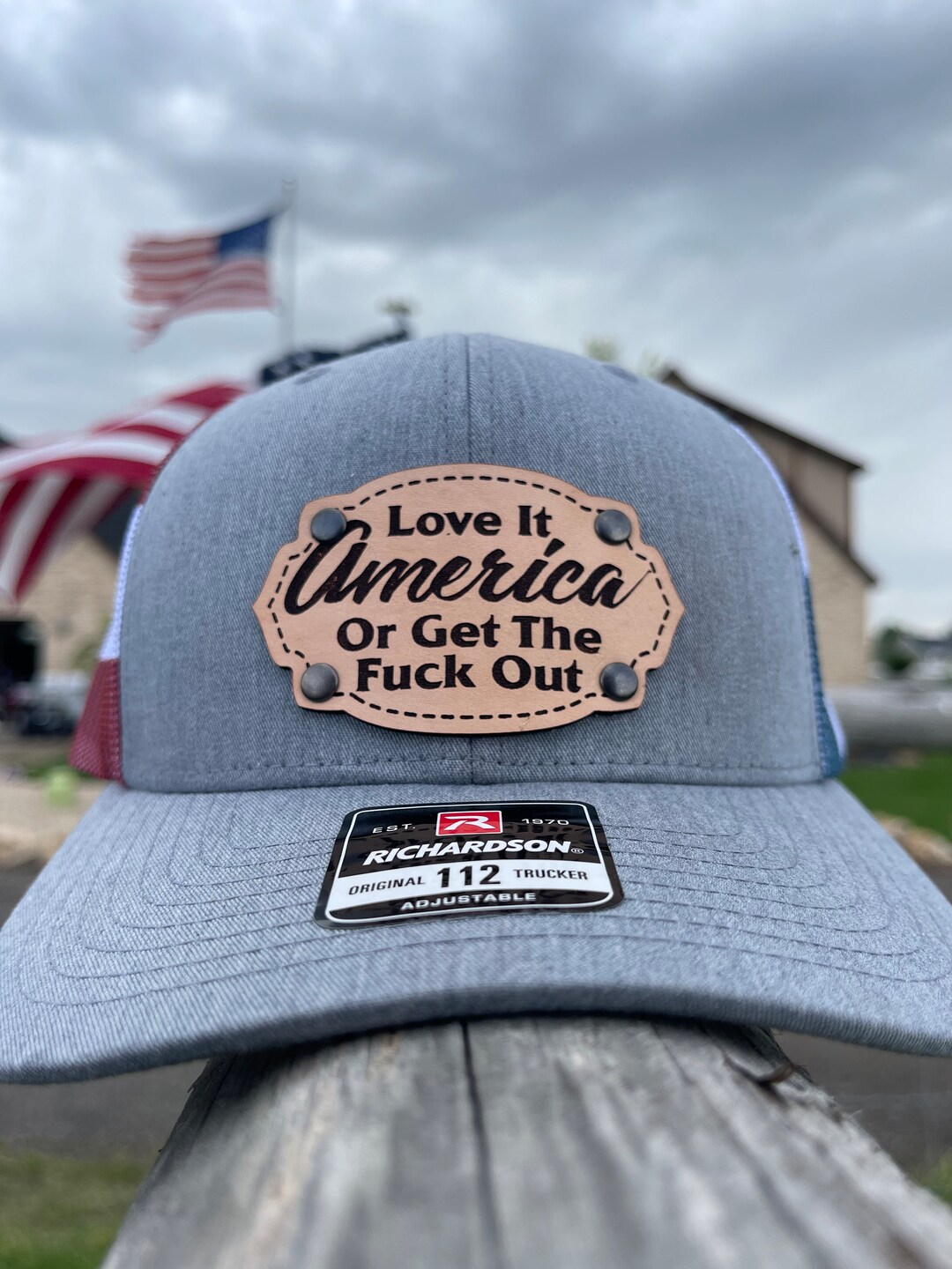 America - Custom Leather Patch Hat | Trucker Style Leather Patch Cap ...