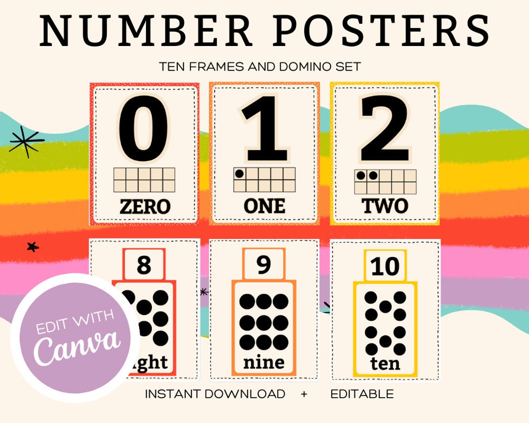Number Ten Frames & Domino Counting Classroom Poster Templates- Bright ...