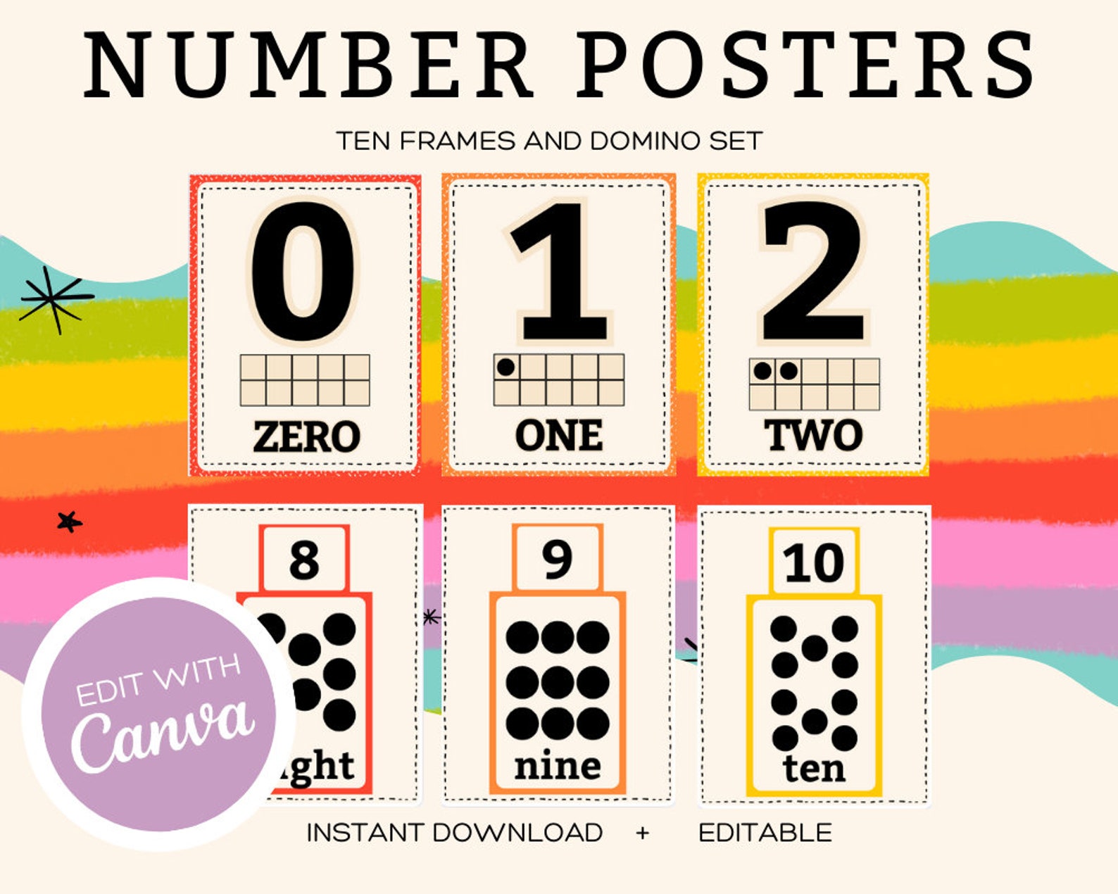 Number Ten Frames & Domino Counting Classroom Poster Templates- Bright ...