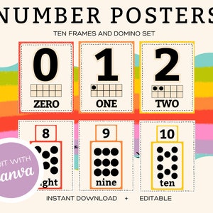 Number Ten Frames & Domino Counting Classroom Poster Templates- Bright ...
