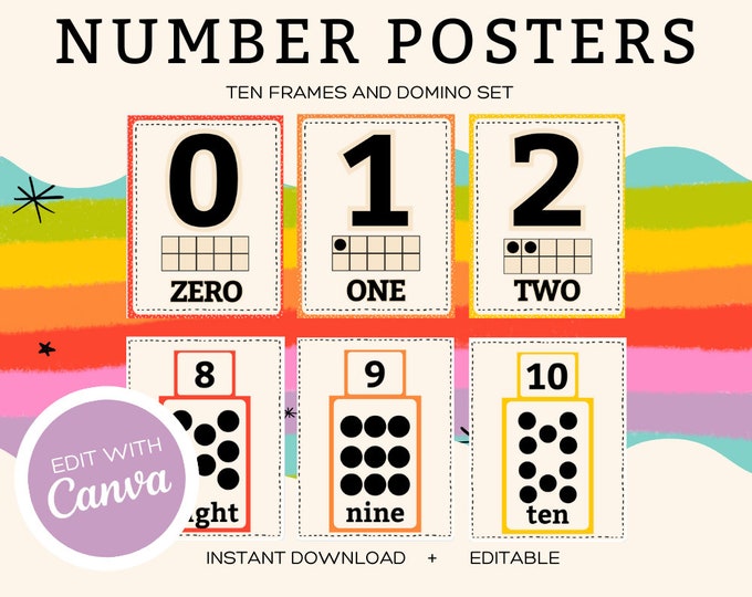 Number Ten Frames & Domino Counting Classroom Poster Templates- Bright ...