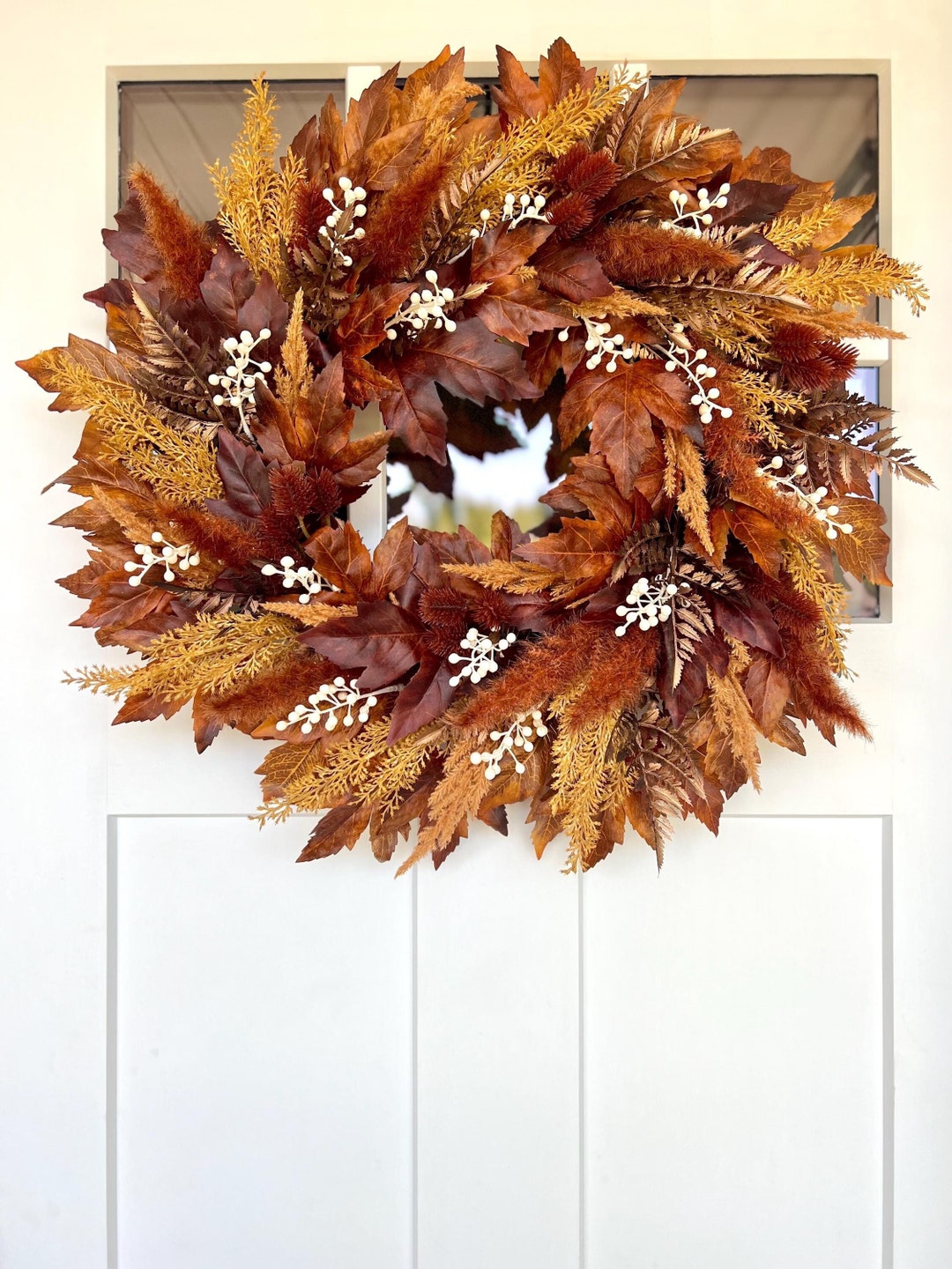 Fall Wreath for Front Door With Brown Maple Leaves, Pampas Grass and Cream Berries, Autumn ...