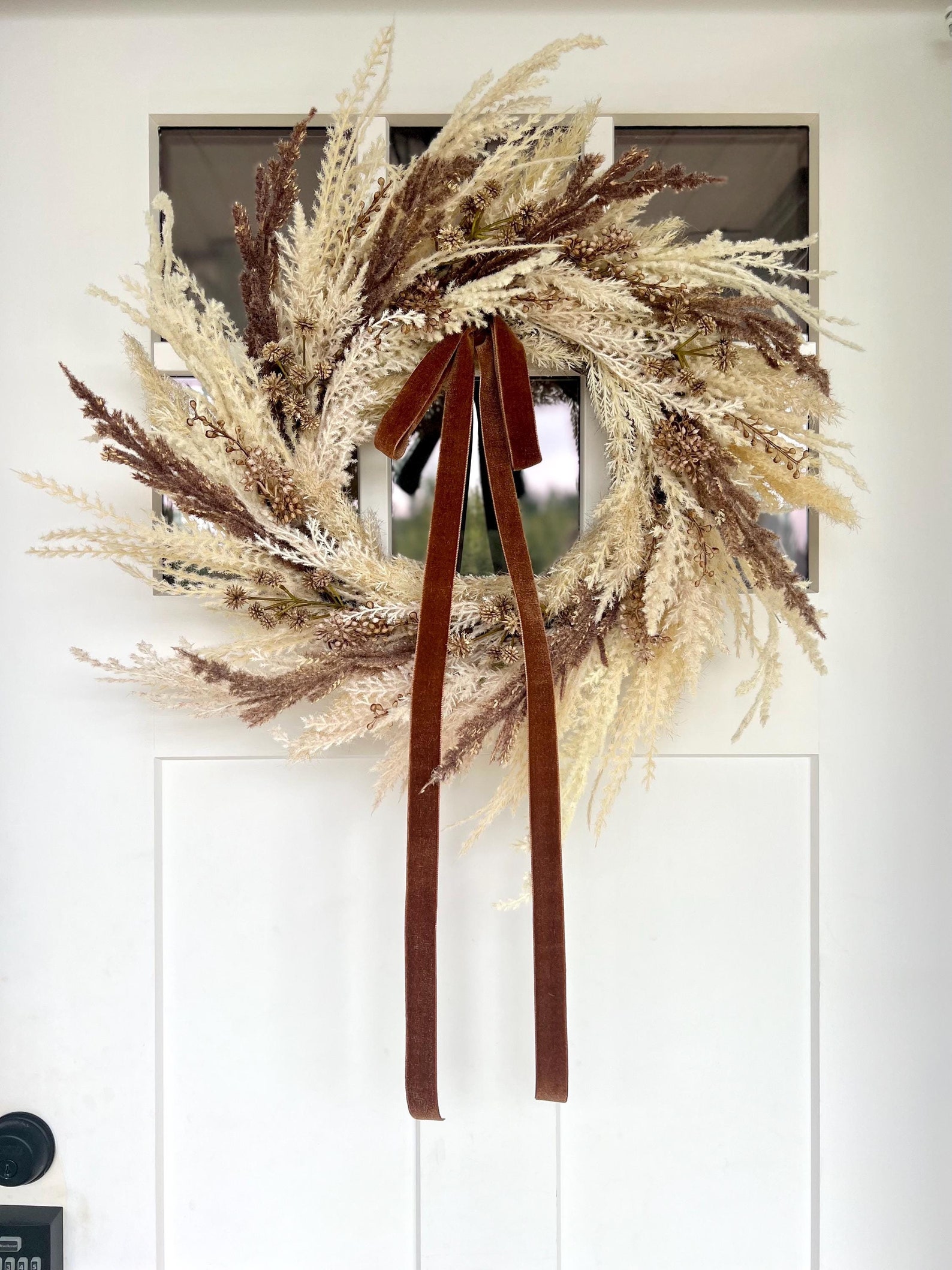 Fall Pampas Grass Wreath With Berries for Front Door, Cream and Brown ...