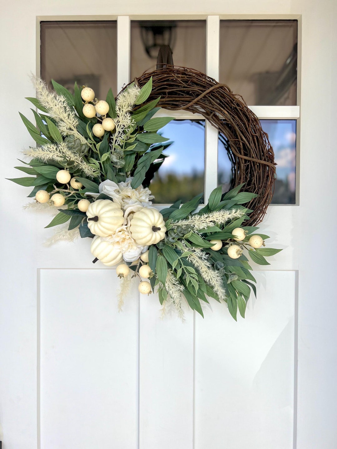 Neutral Fall Wreath for Front Door With White Pumpkins, Autumn Wreath ...