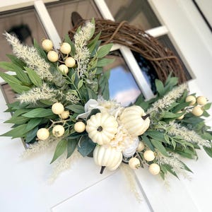Neutral Fall Wreath for Front Door With White Pumpkins, Autumn Wreath With Pampas Grass, Cream ...