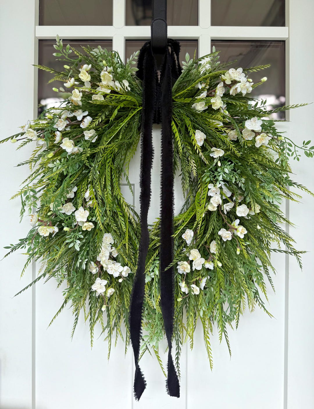 Summer White Floral and Sawgrass Wreath, Cascading White Cherry Blossom ...