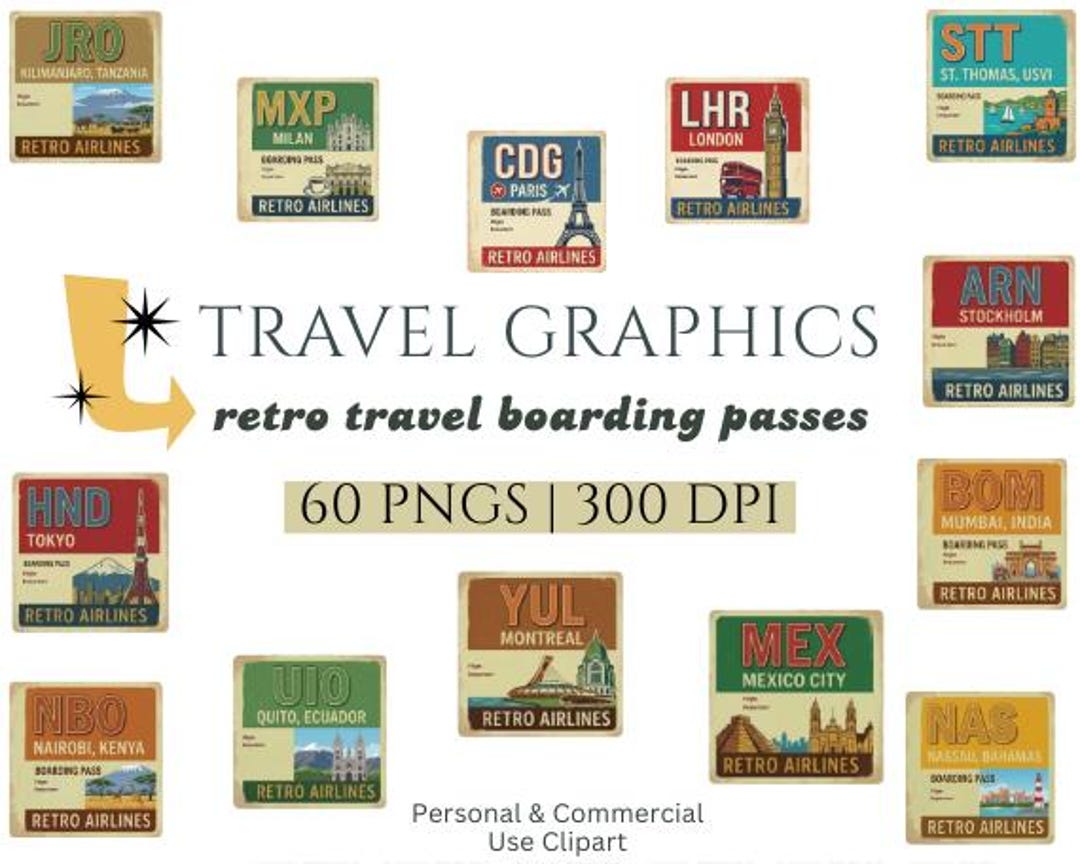 Vintage Boarding Passes Bundle: Retro Travel Clipart Bundle | Boarding ...