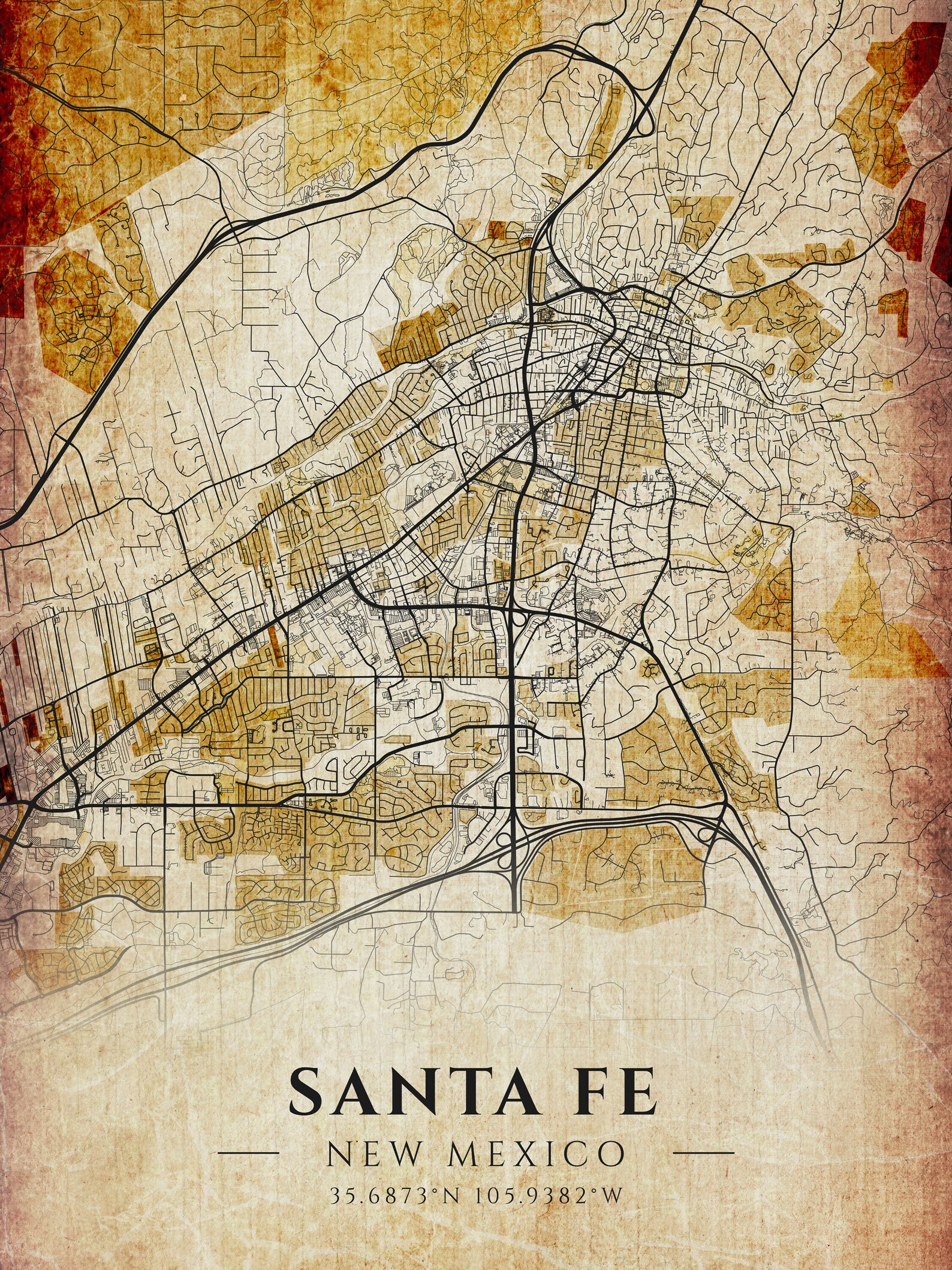 Santa Fe Antique City Map Poster Santa Fe Antique Map Print Wall Art ...